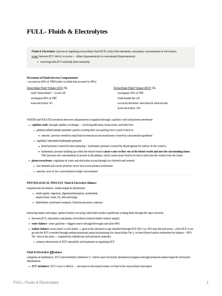 Fluids and Electrolytes Notes | PDF | Dehydration | Physiology
