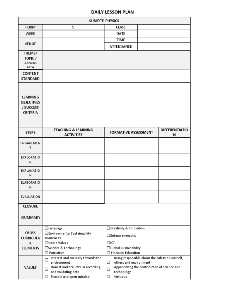 Daily Physics Lesson Plan Template | PDF | Learning | Educational ...
