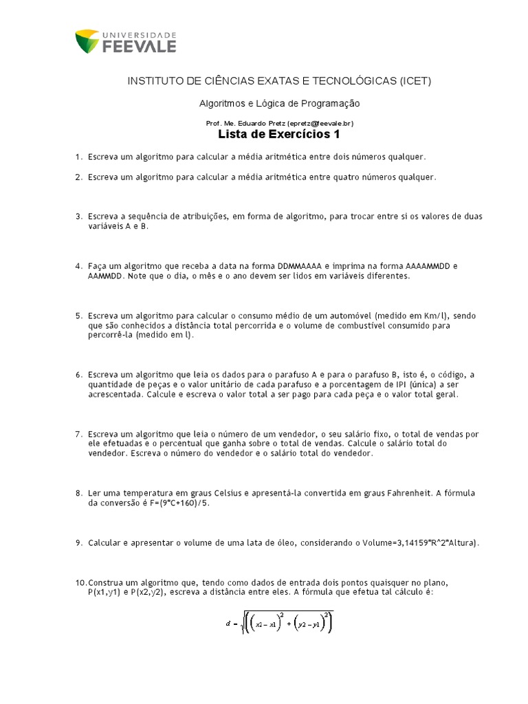 Lista De Exercícios 1 Algoritmos Sequenciais Pdf Algoritmos Média