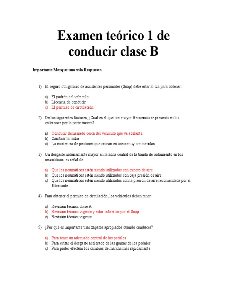 Examen Teórico de Conducir Clase B | PDF | Neumático | Peatonal