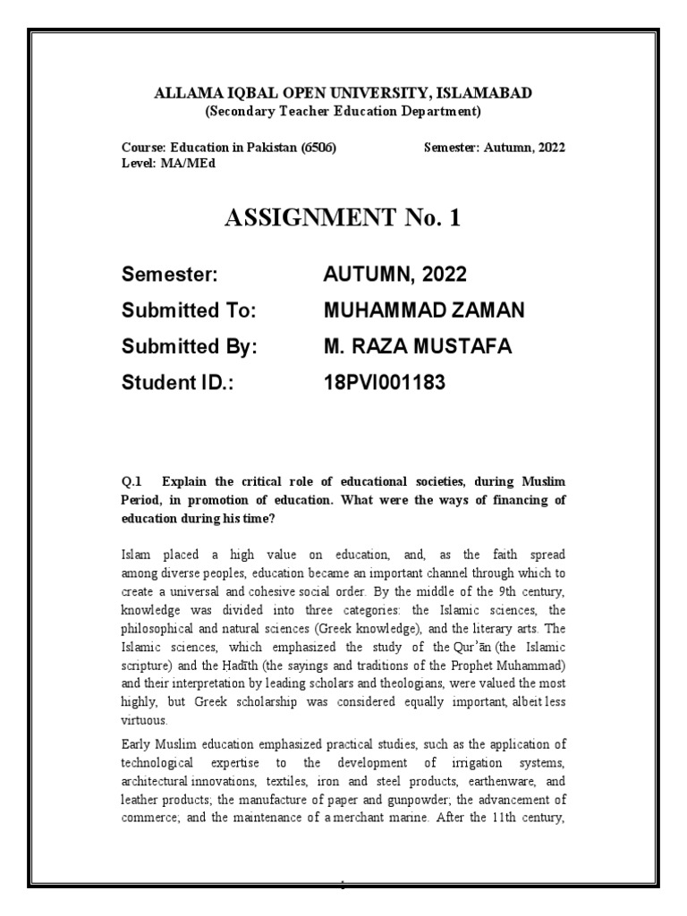 6506 Assignment 1 M. RAZA MUSTAFA 18PVI01183 | PDF | Pakistan Movement