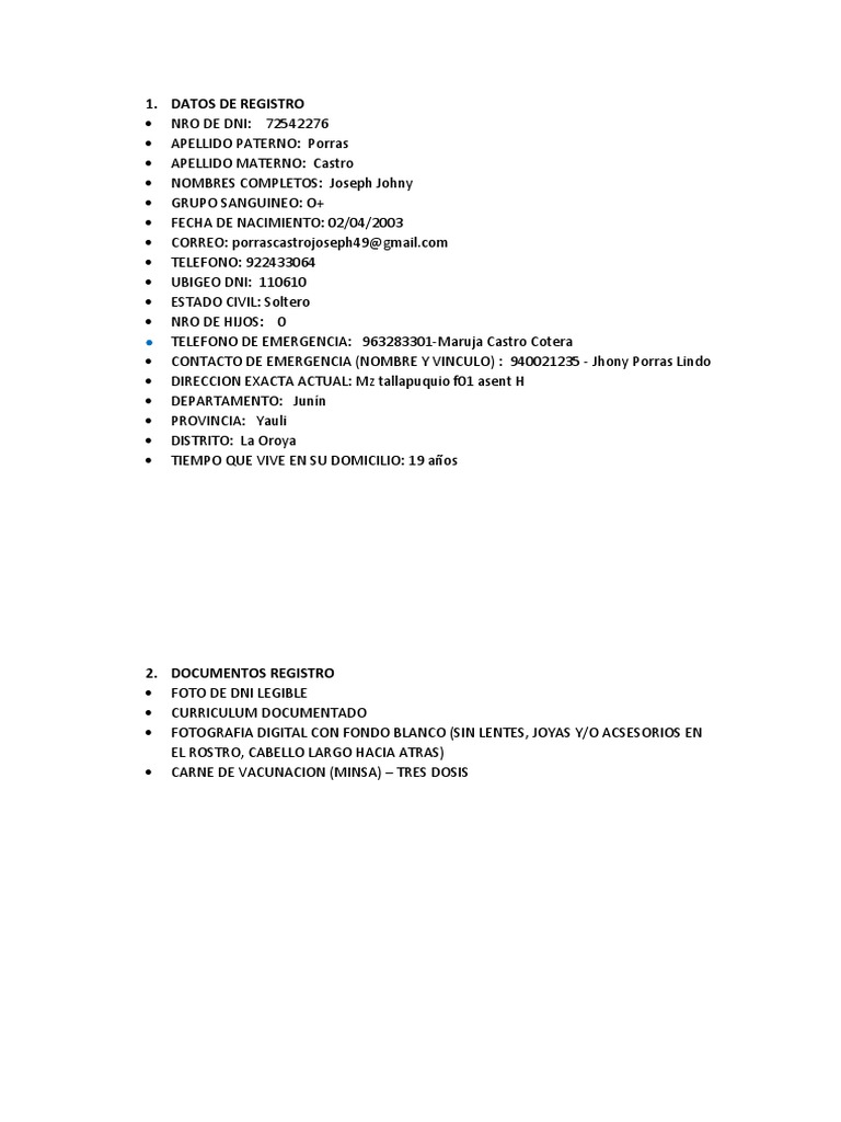 Datos Personales de Joseph Porras | PDF | Política | Ciencias sociales