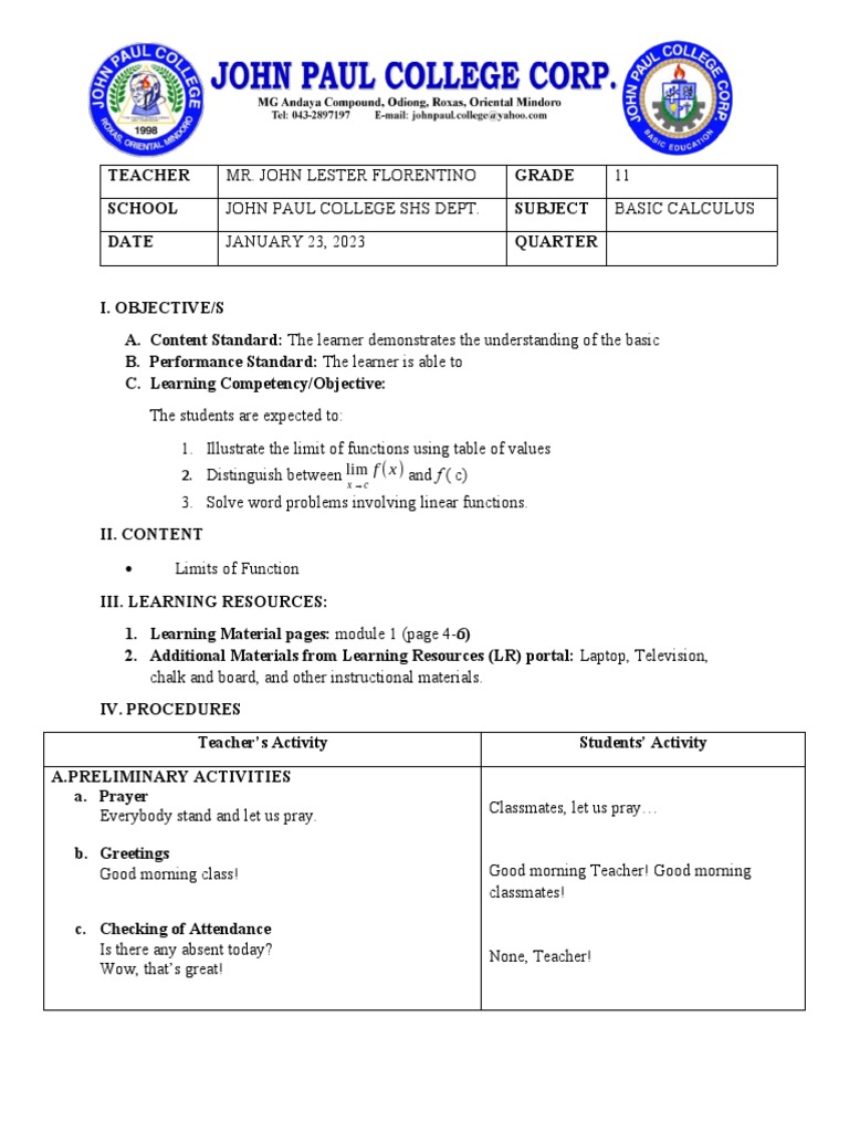 LP 1 Basic Cal. | PDF | Function (Mathematics) | Variable (Mathematics)