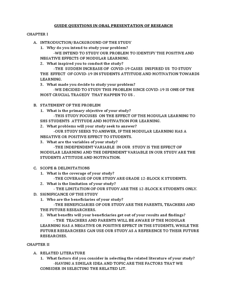Guide Questions in Oral Presentation of Research | PDF | Theory | Learning