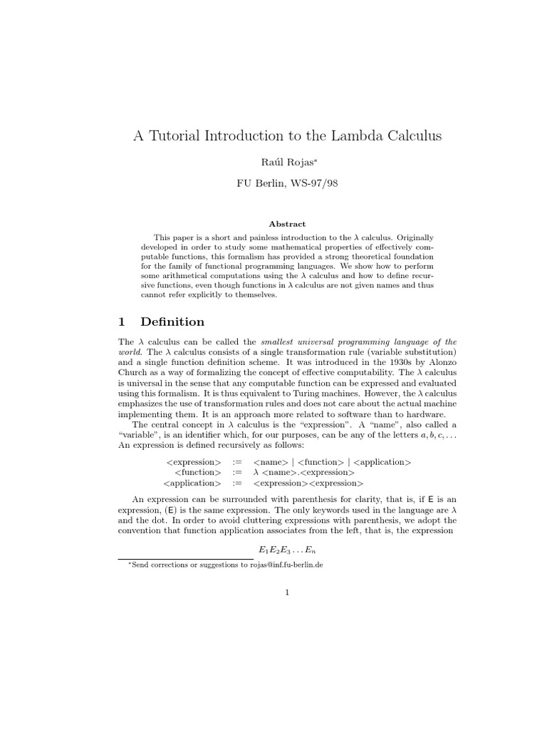 Tutorial Introduction To Lambda Calculus Pdf Function Mathematics Computer Science 