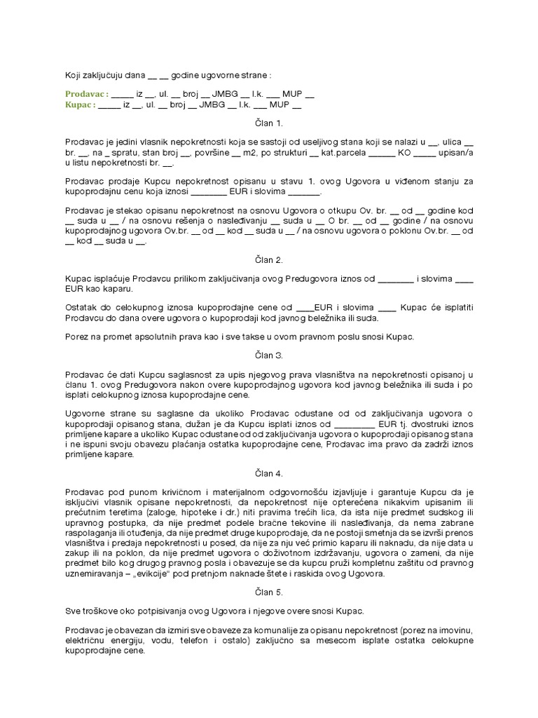 Predugovor Za Kupovinu Nekretnine - Koji Zaključuju Kupac I Prodavac | PDF