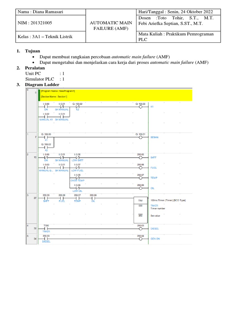 Diana Ramasari - Laporan 9 AUTOMATIC MAIN FAILURE (AMF) | PDF