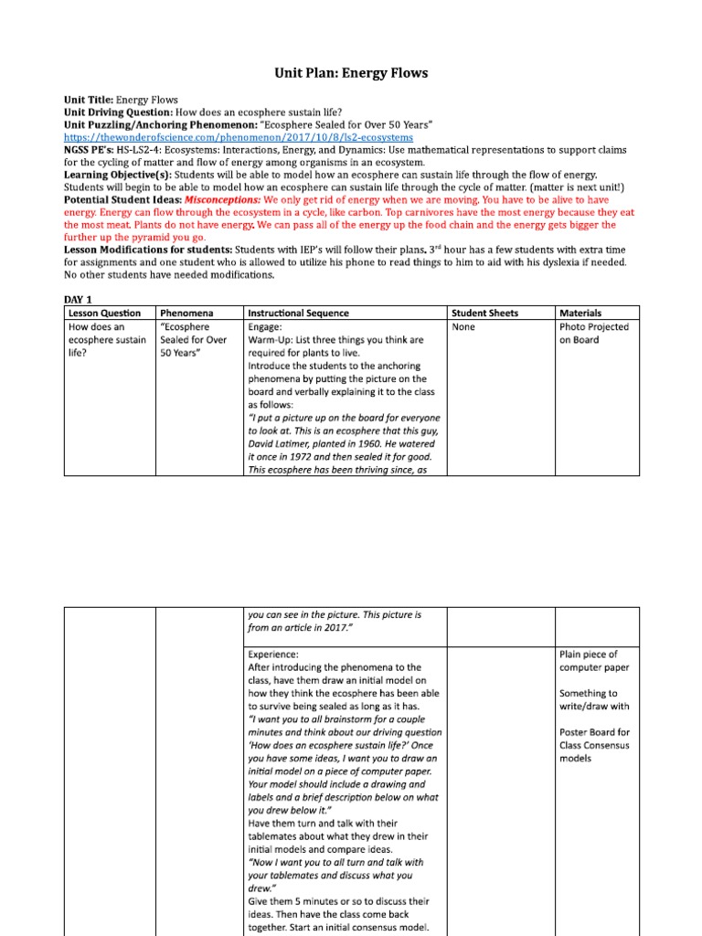 Unit Plan Energy Flows | PDF