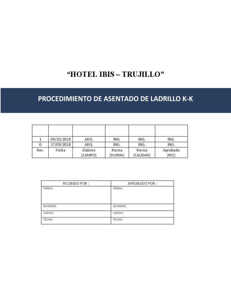 PR - 002 - Procedimiento de ASENTADO DE LADRILLO - Rev 01 | PDF | Ladrillo | Hormigón