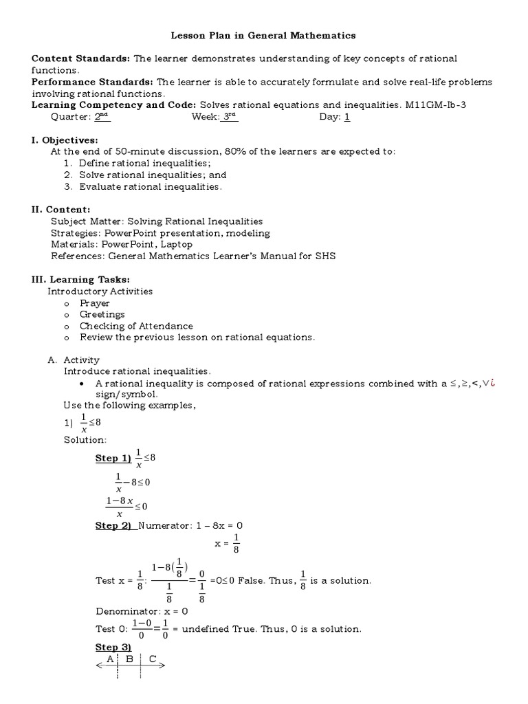 Solving Rational Inequalities Lesson Plan | PDF | Inequality ...