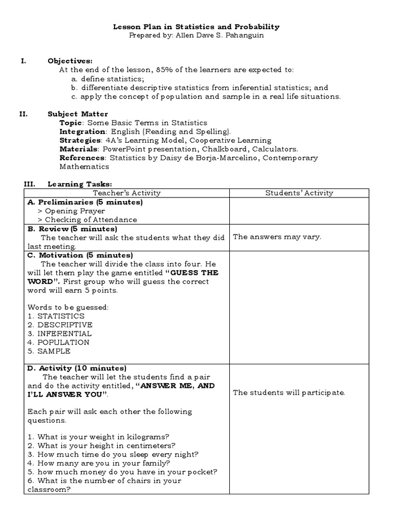 Basic Statistics Lesson Plan | PDF | Statistics | Statistical Inference
