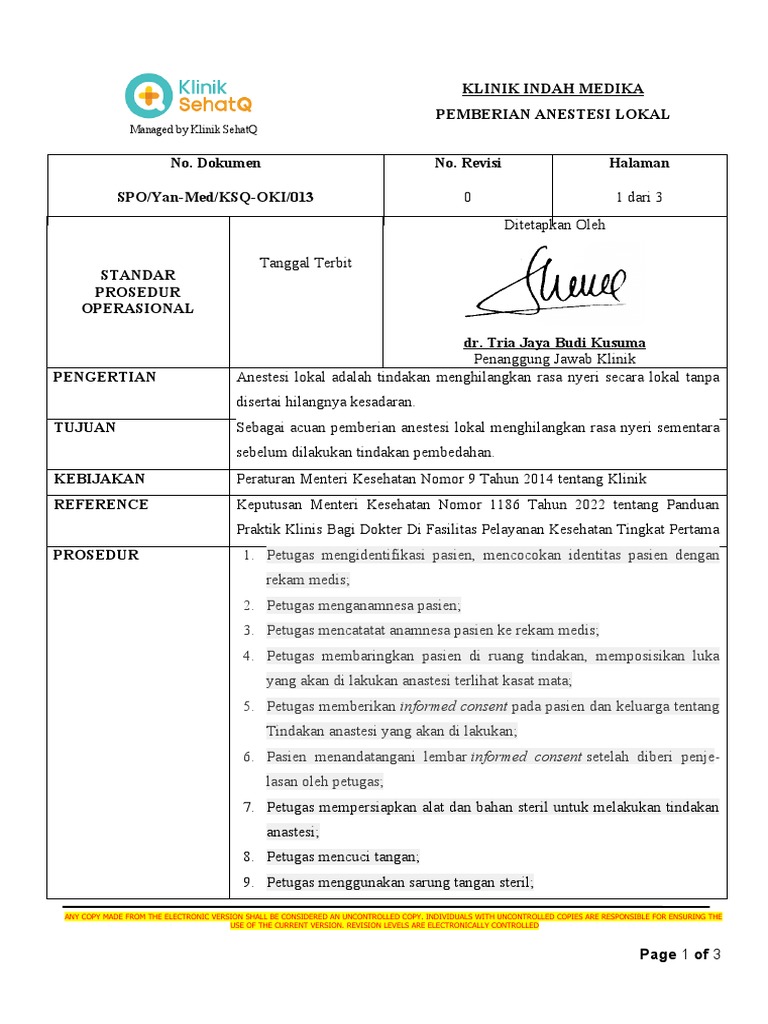 Prosedur Anestesi Lokal di Klinik Indah Medika | PDF | Sains & Matematika