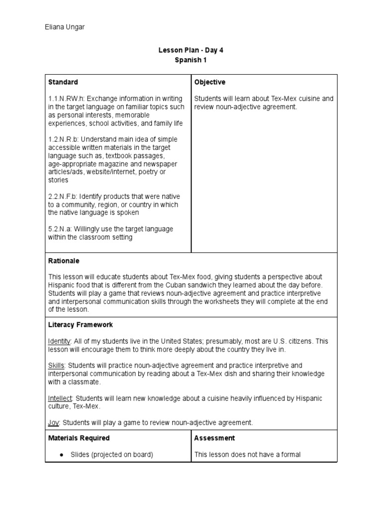 Portfolio Educ 420 Lesson Plan Day 4 | PDF | Burrito | Taco