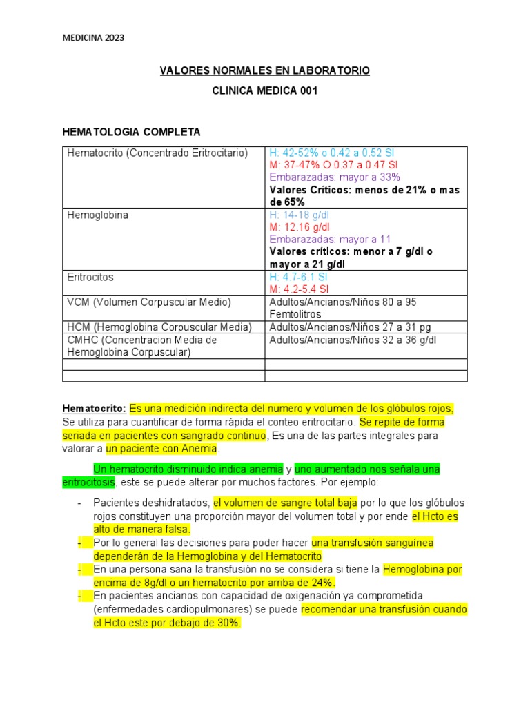 Valores Normales en Laboratorio | PDF | Sangre | Glóbulo rojo