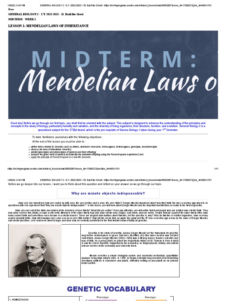 Lesson 1: Mendelian Laws of Inheritance: Midterm: Week 1 | PDF ...
