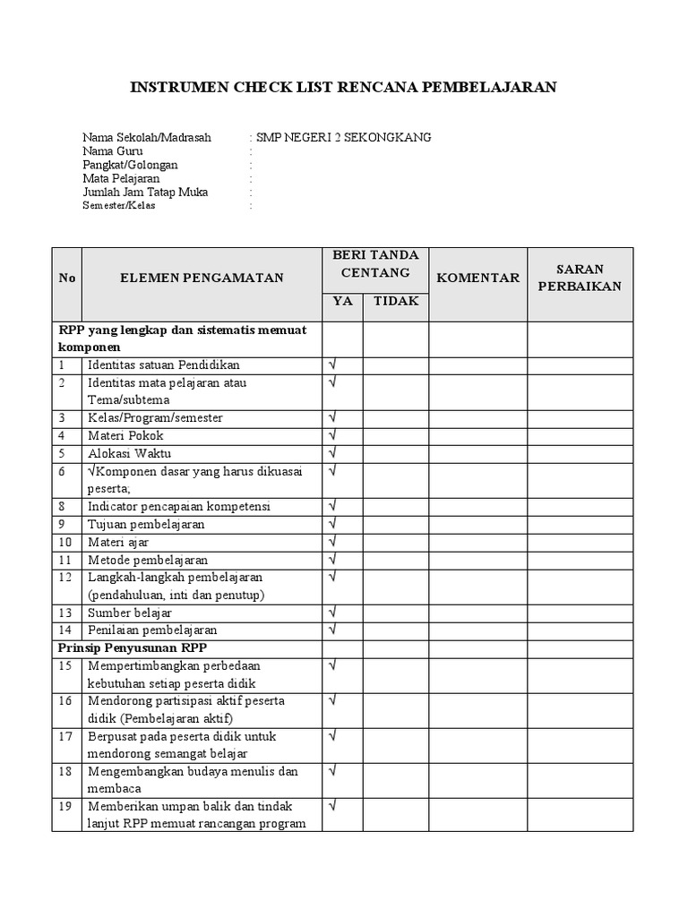 Checklist RPP SMP Negeri 2 Sekongkang | PDF
