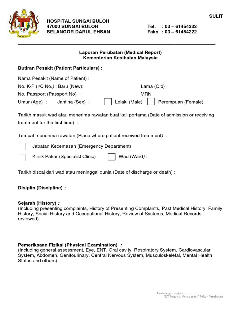 Medical Report for a Patient Treated at Sungai Buloh Hospital | PDF ...