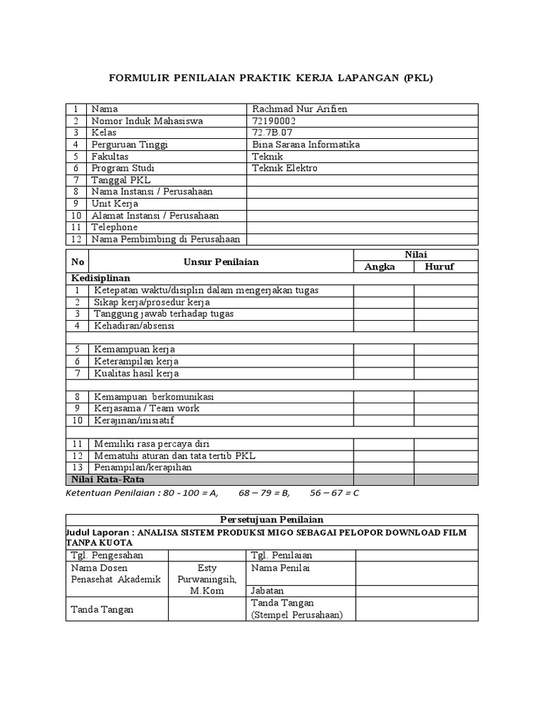 Formulir Penilaian Praktik Kerja Lapangan (PKL) : No Unsur Penilaian ...