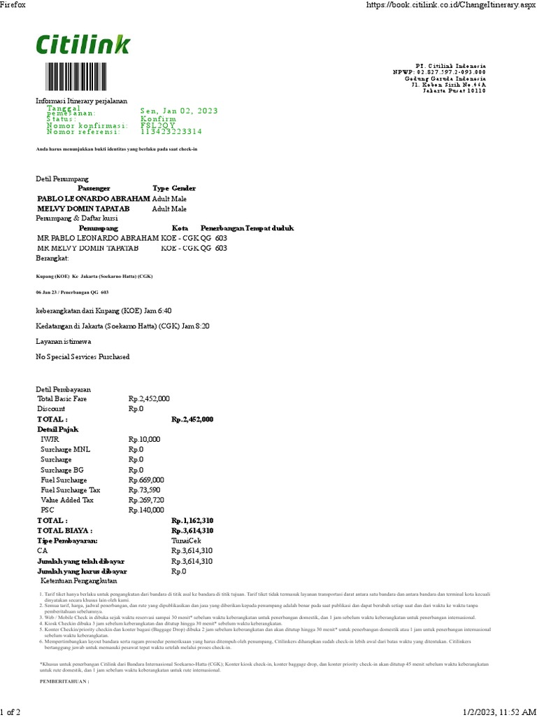 KOE-CGK 6 JAN 2023 | PDF