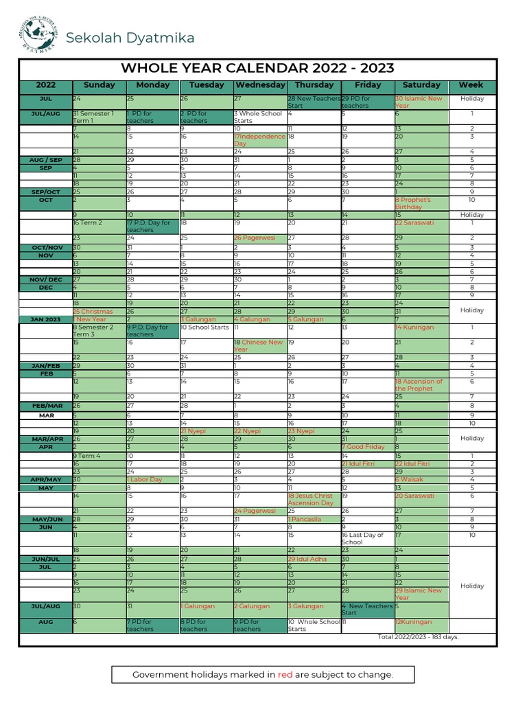 Whole Year Calendar 2022 - 2023: Sekolah Dyatmika | PDF | Observances