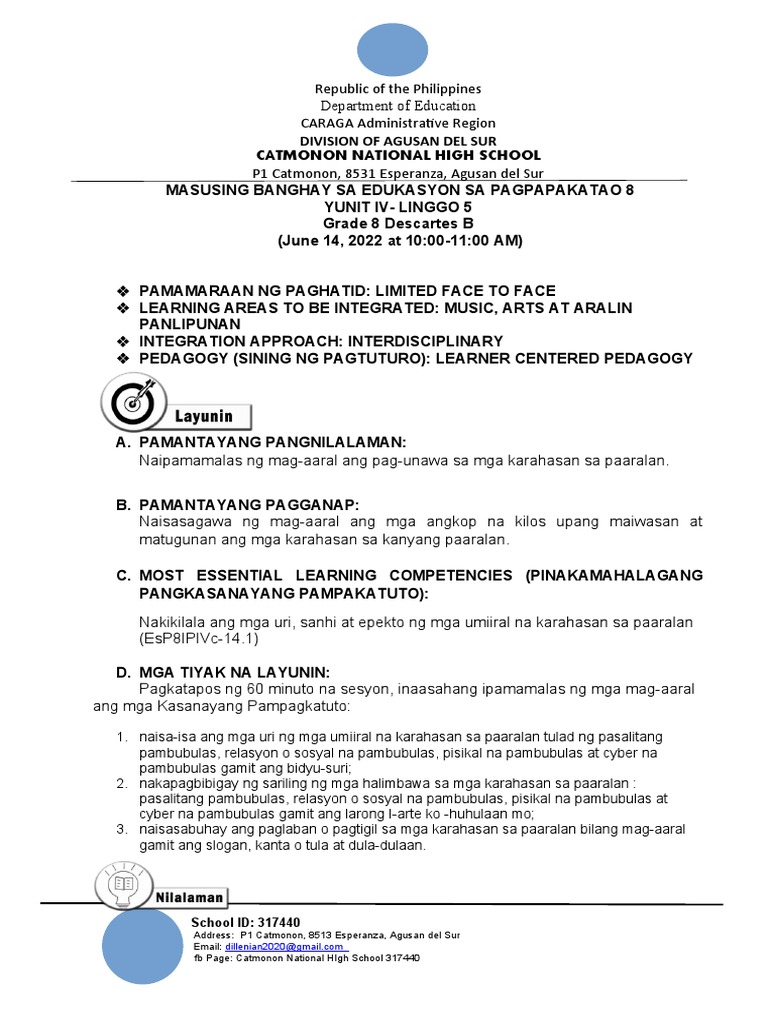 ESP 8 Lesson Plan With Annotation (Final) Mga Karahasan Sa Paaralan | PDF