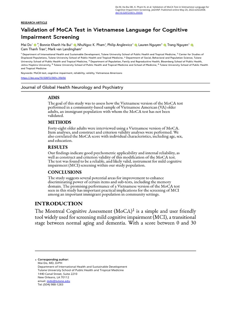 Vietnamese MoCA Test Validation | PDF | Dementia | Cognition