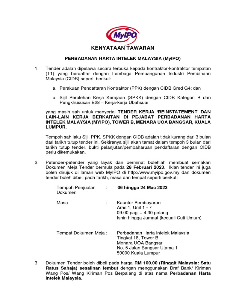 1.01 Notis Kenyataan Tender 1 | PDF