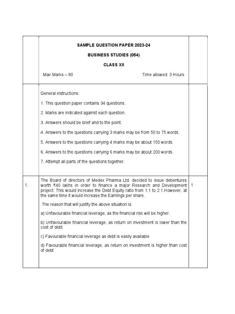 Business Studies Class XII Sample Paper | PDF | Marketing | Sales
