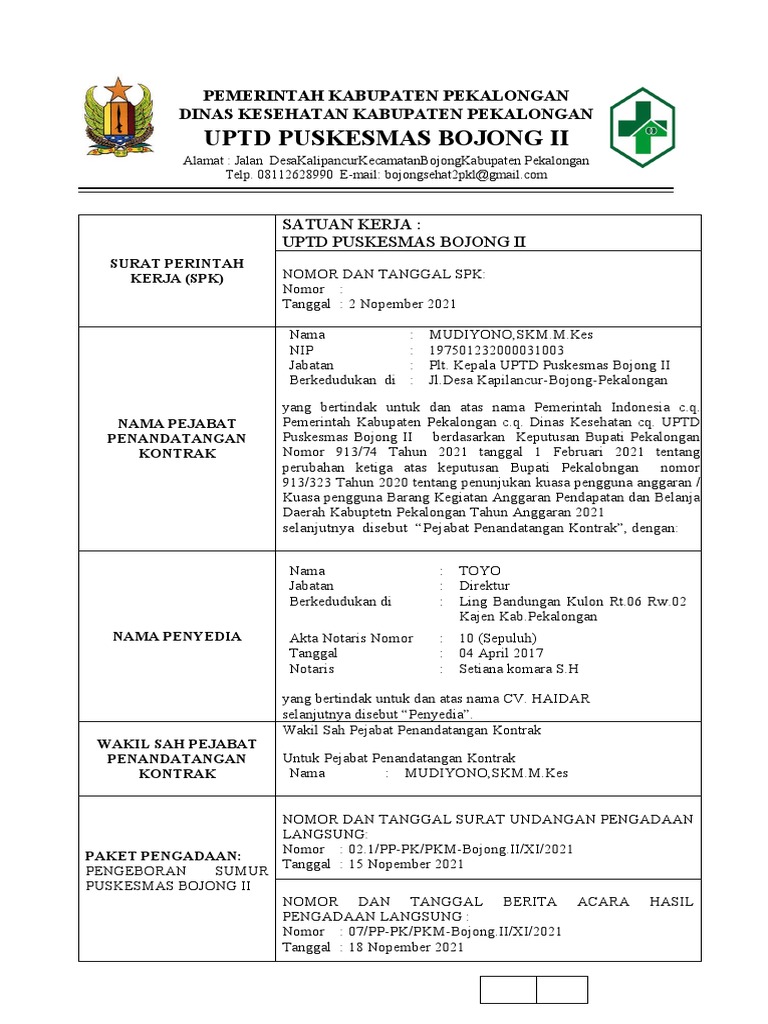 SPK Pengeboran Sumur Puskesmas Bojong II | PDF