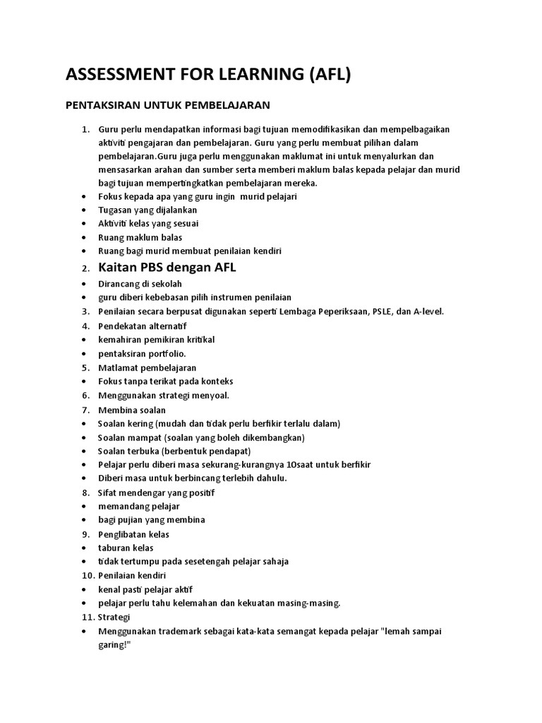 Assessment For Learning (Afl) : Kaitan PBS Dengan AFL | PDF