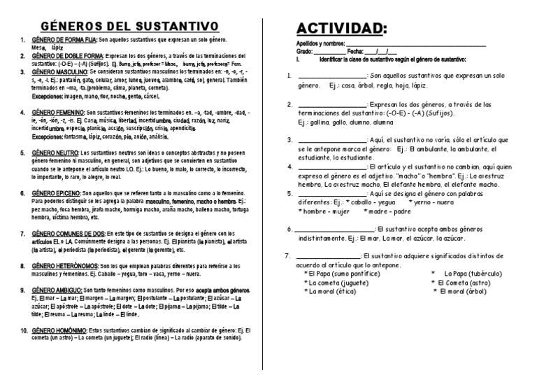 Clasificación de Géneros del Sustantivo | PDF | Sustantivo | Adjetivo