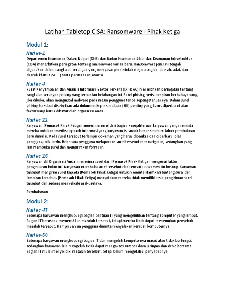 CISA Tabletop Exercise Ransomware Third Party - ID | PDF
