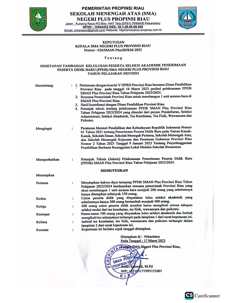 Surat Pengumuman Penetapan Penambahan Kelulusan Peserta PPDB SMAN Plus Prov. Riau TP. 2023 2024 ...
