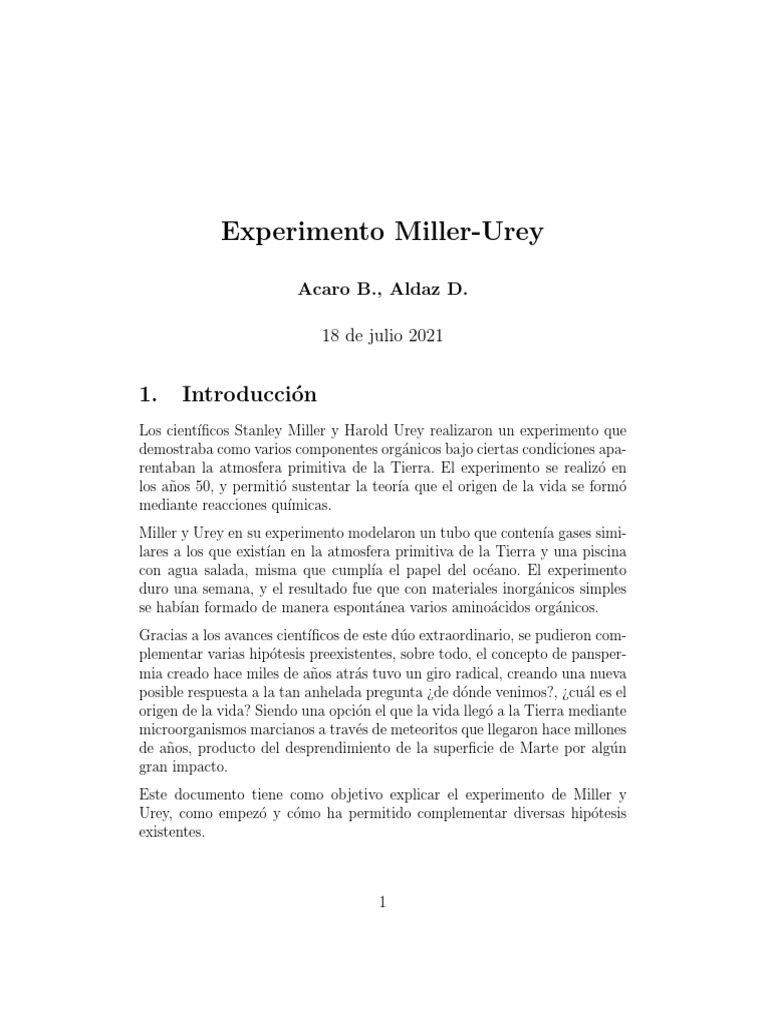 El Experimento Miller-Urey y su Impacto | PDF | Evolución | Abiogénesis