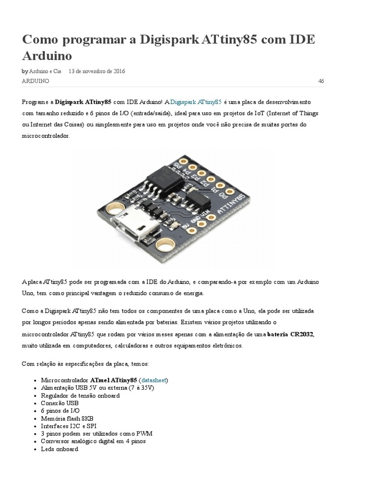 Como Programar E Utilizar A Placa Digispark Attiny85 Com A Ide Arduino Pdf Arduino Usb 0203