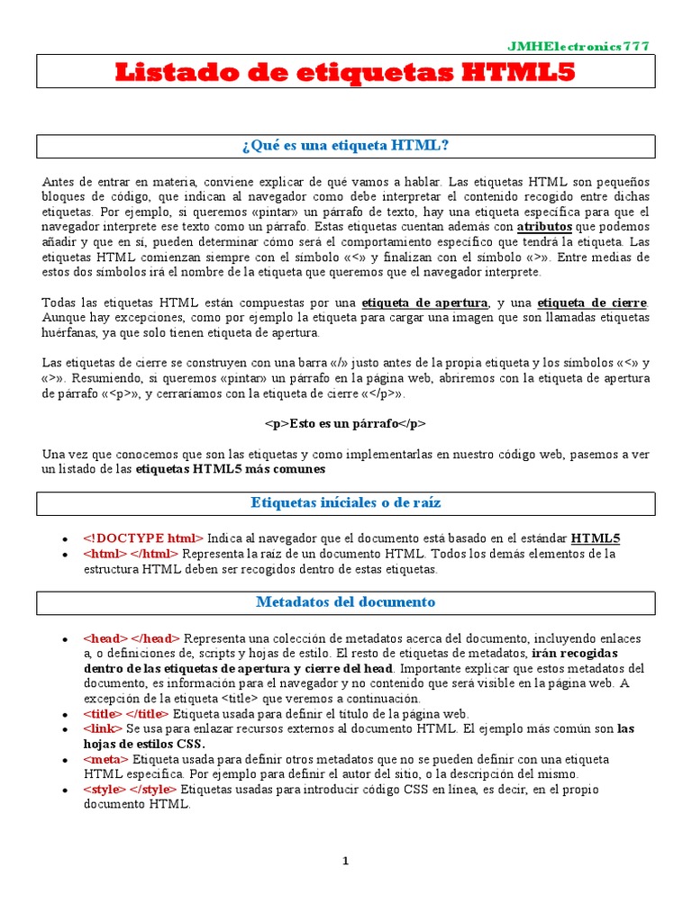 Listado de Etiquetas HTML5 | PDF | HTML | Página web