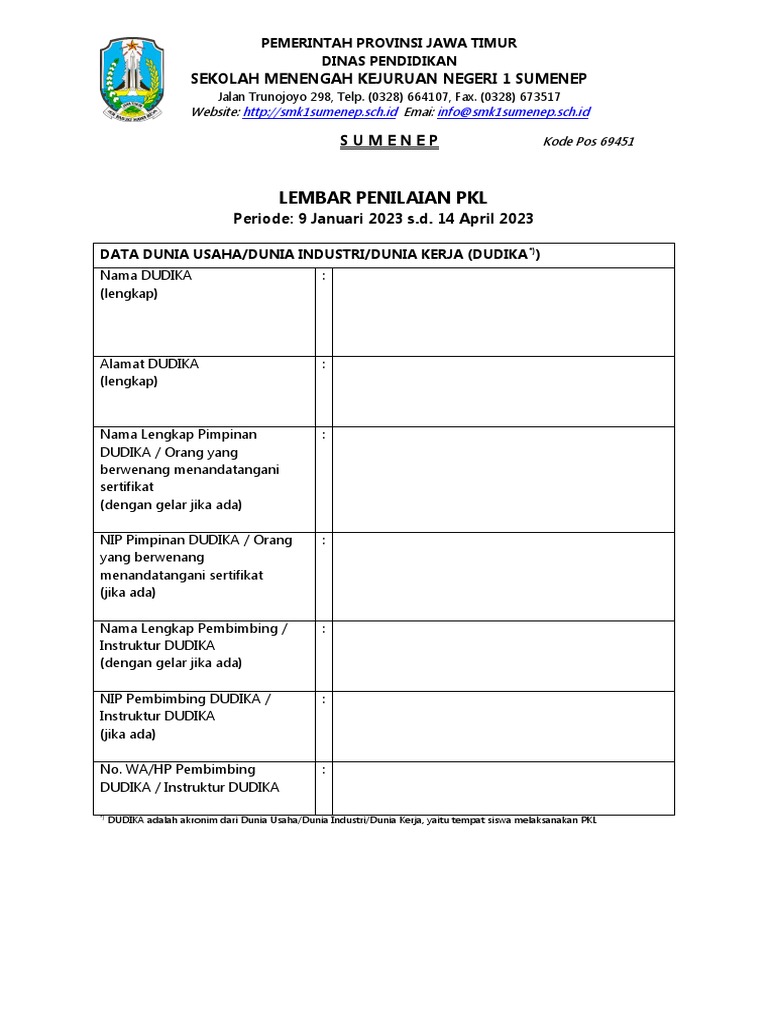 Lembar Penilaian PKL: Sekolah Menengah Kejuruan Negeri 1 Sumenep | PDF