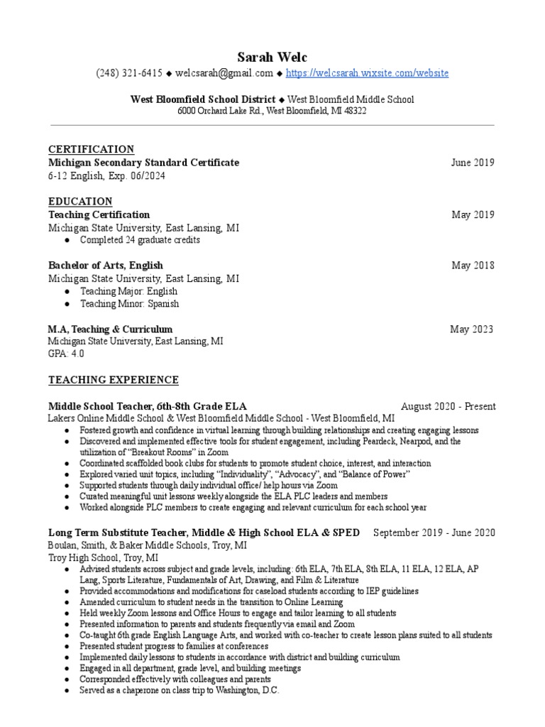 Sarah Welc - MATC FINAL Resume | PDF | Middle Schools | Lesson Plan