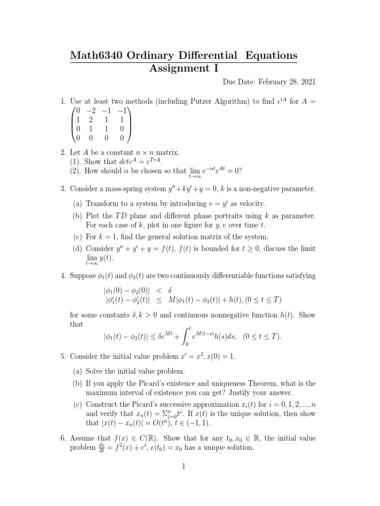 Math6340 Ordinary Differential Equations Assignment I | PDF | Mathematical Objects | Mathematics
