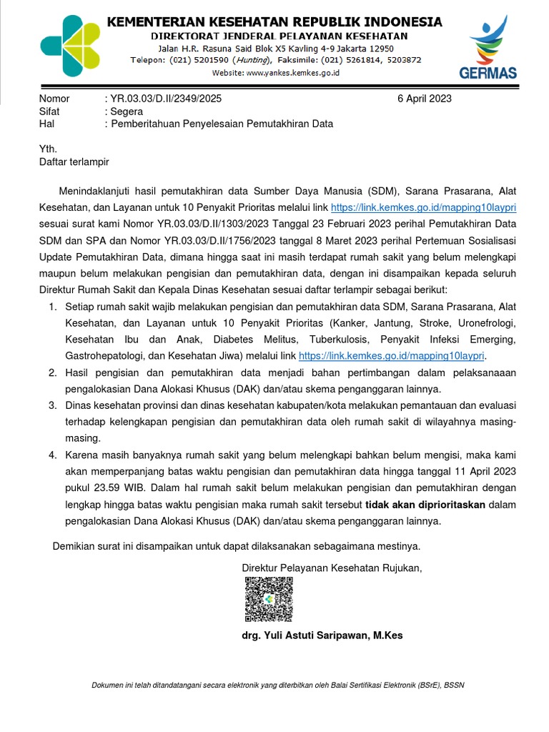 Pemberitahuan Pemutakhiran Data RS | PDF