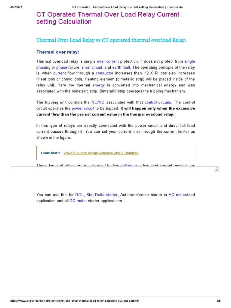 CT Operated Thermal Over Load Relay Current Setting Calculation | PDF ...