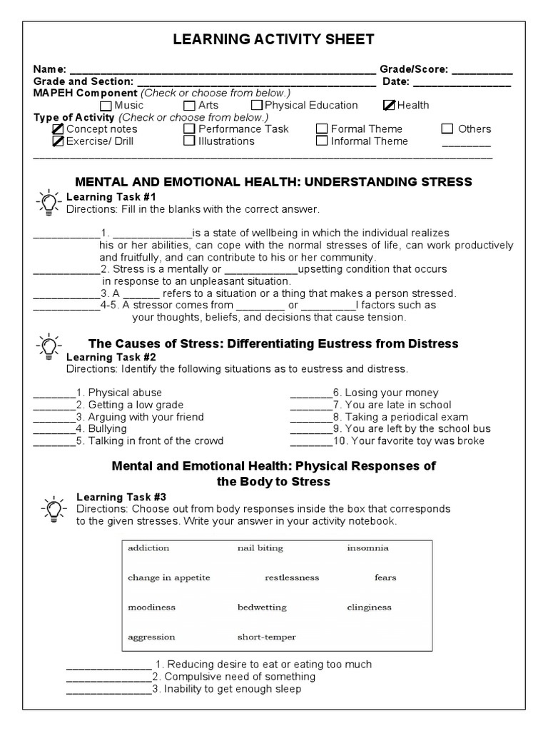 Health - Quarter 3 - Learning Activity Sheet | PDF | Stress (Biology ...