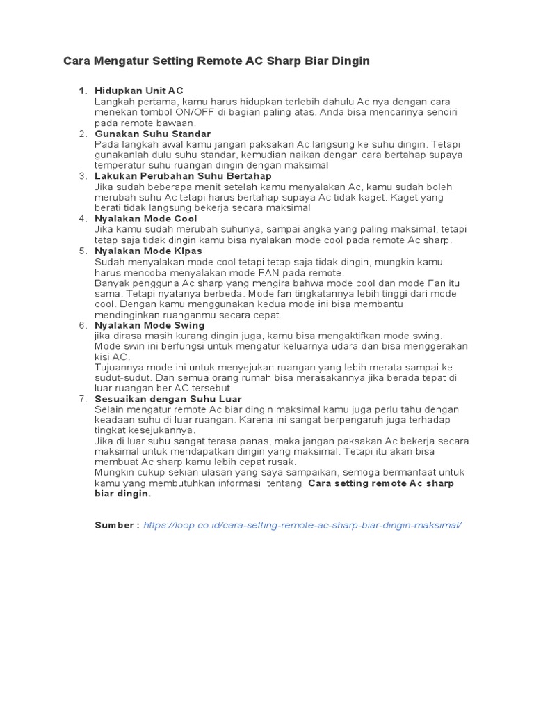 Cara Mengatur Setting Remote AC Sharp Biar Dingin | PDF