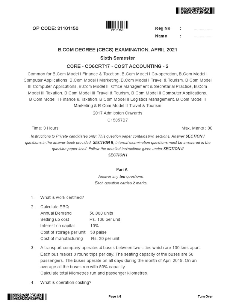 Cost Accounting 2 Question Paper | PDF | Cost | Financial Economics
