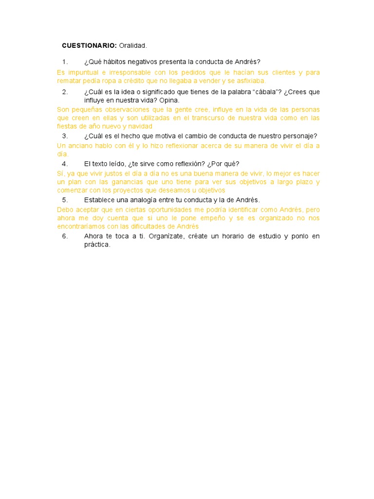 CUESTIONARIO: Oralidad | PDF