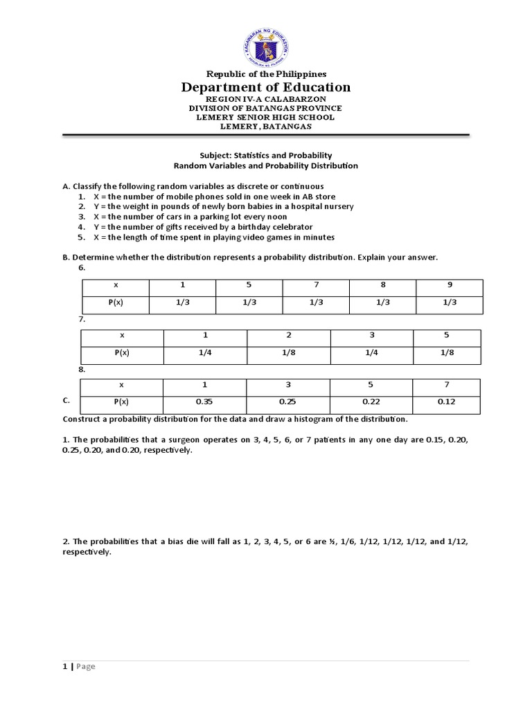 Worksheets Random Variables | PDF | Probability Distribution | Variance