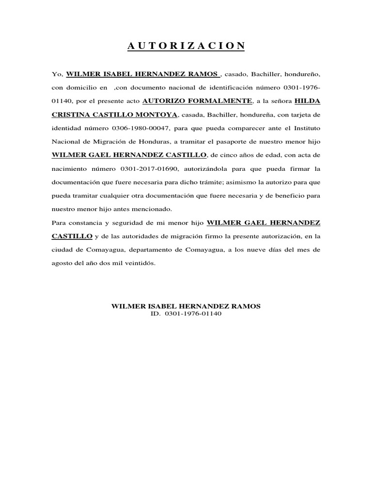 Autorizacion para Tramitar Pasaporte-Honduras | PDF
