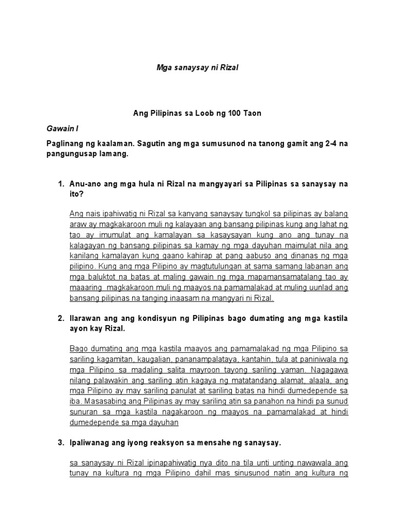 RLW Mga Sanaysay Ni Rizal | PDF