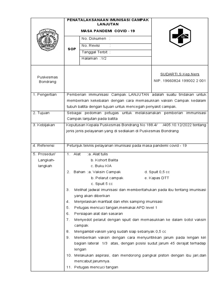 Prosedur Imunisasi Campak Batita COVID-19 | PDF