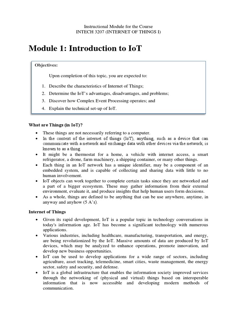 ITELEC3207 Module1 Introduction-to-IoT | PDF | Internet Of Things | Computer Network